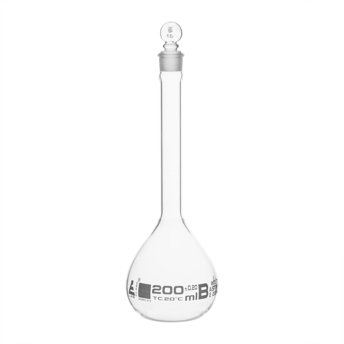 Flask Volumetric With Solid Glass Stopper ASTM-E288 STD Class B 200 ml ...
