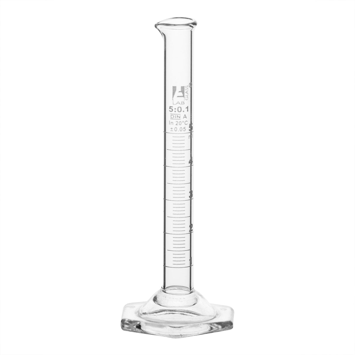Cylinder Measuring Graduated, cap. 5ml., class 'A', Hex. base with spo ...